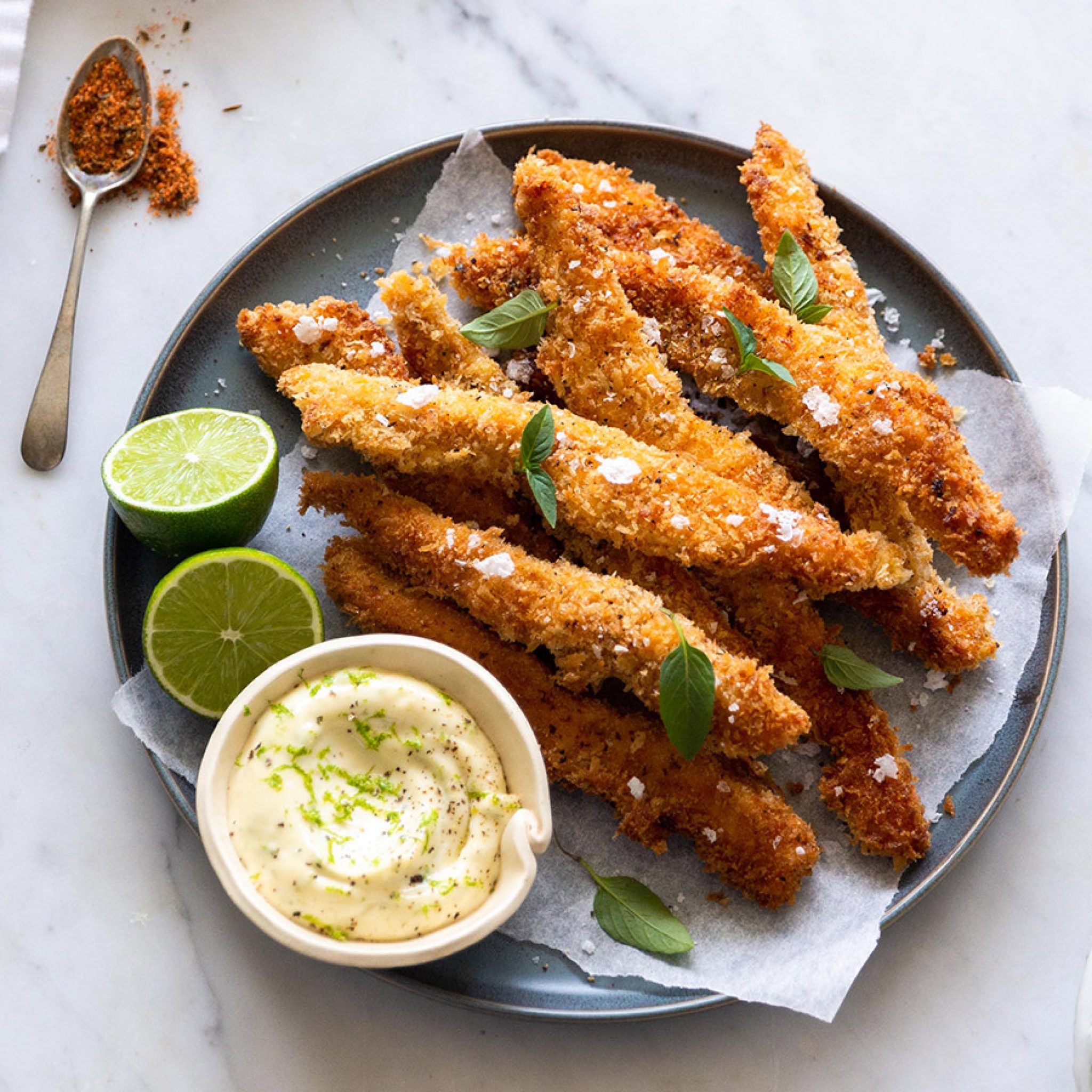 Panko and Spice Crumbed Schnitzel Strips with Lime Mayo - Black Box Reviews